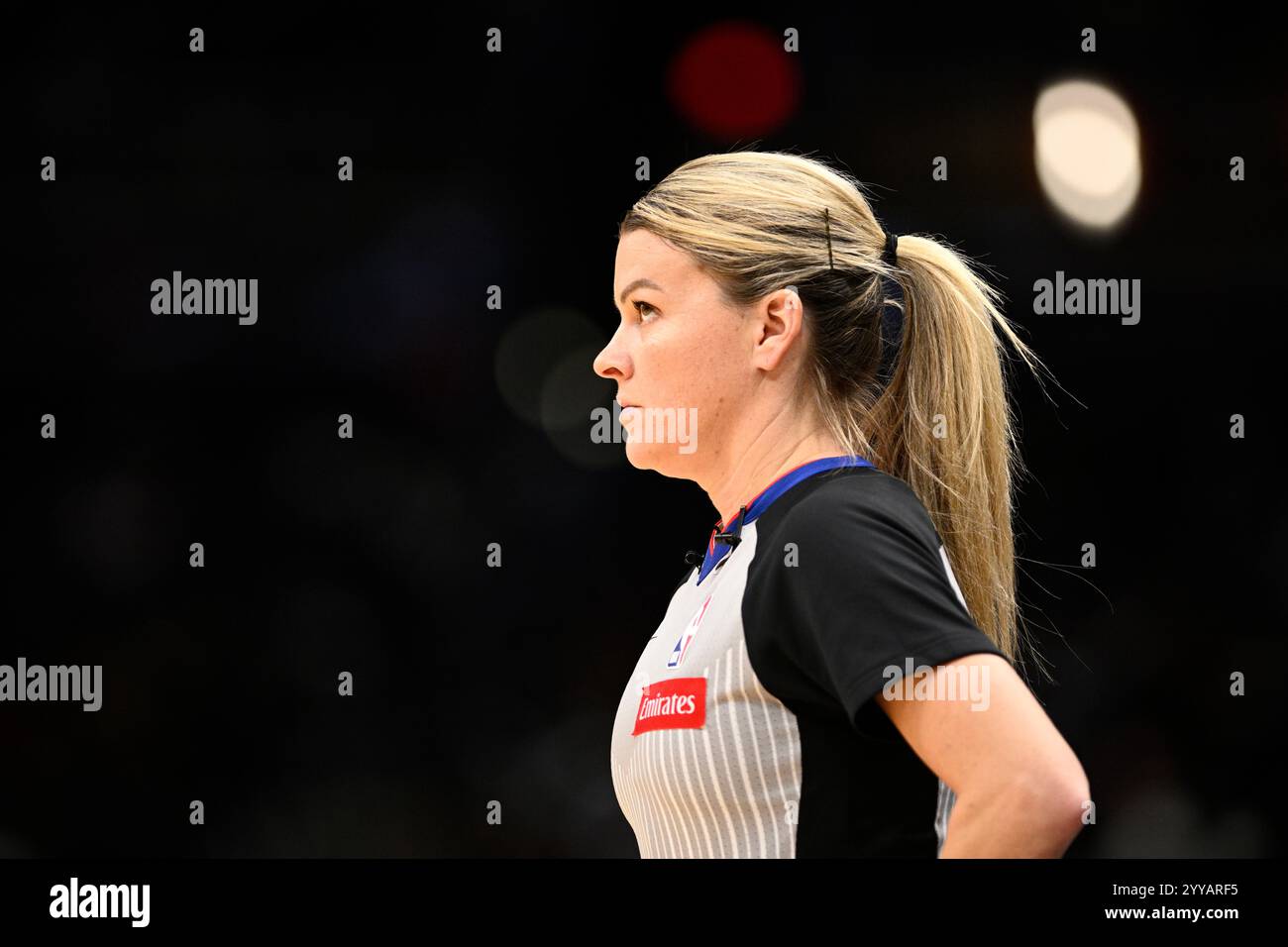 NBA referee Jenna Schroeder looks on during the second half of an NBA ...