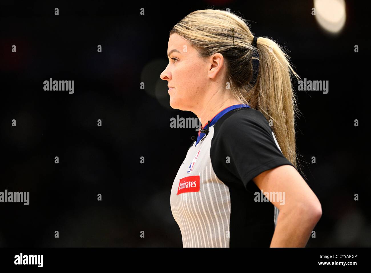 NBA referee Jenna Schroeder looks on during the second half of an NBA ...
