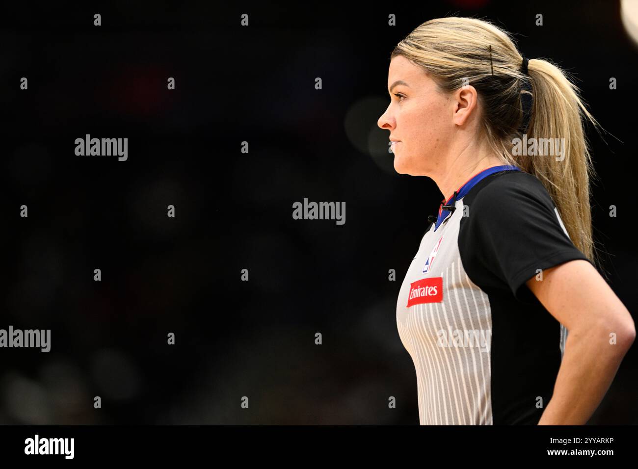 NBA referee Jenna Schroeder looks on during the second half of an NBA ...