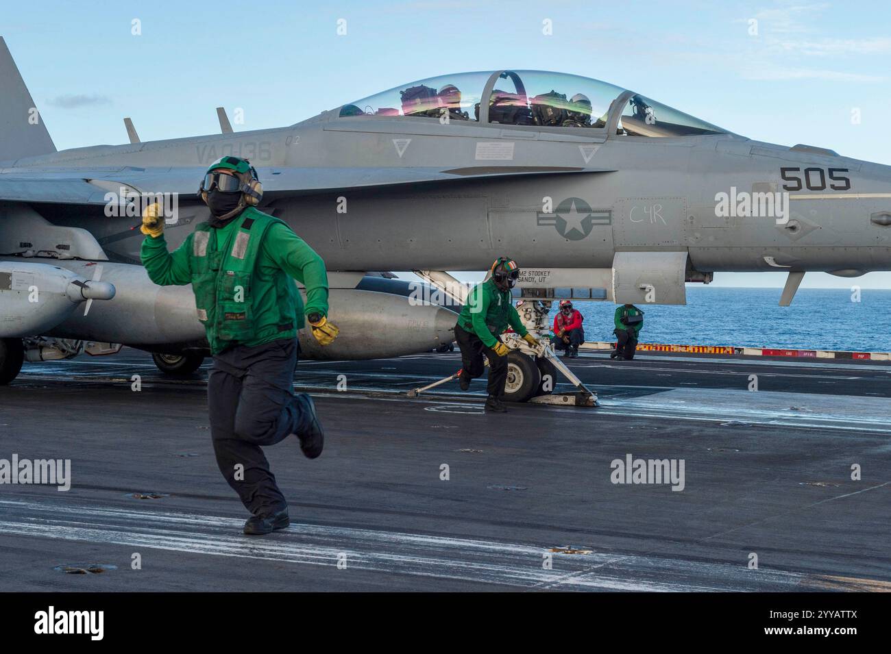 Sailors conduct flight operations on the flight deck aboard the Nimitz ...