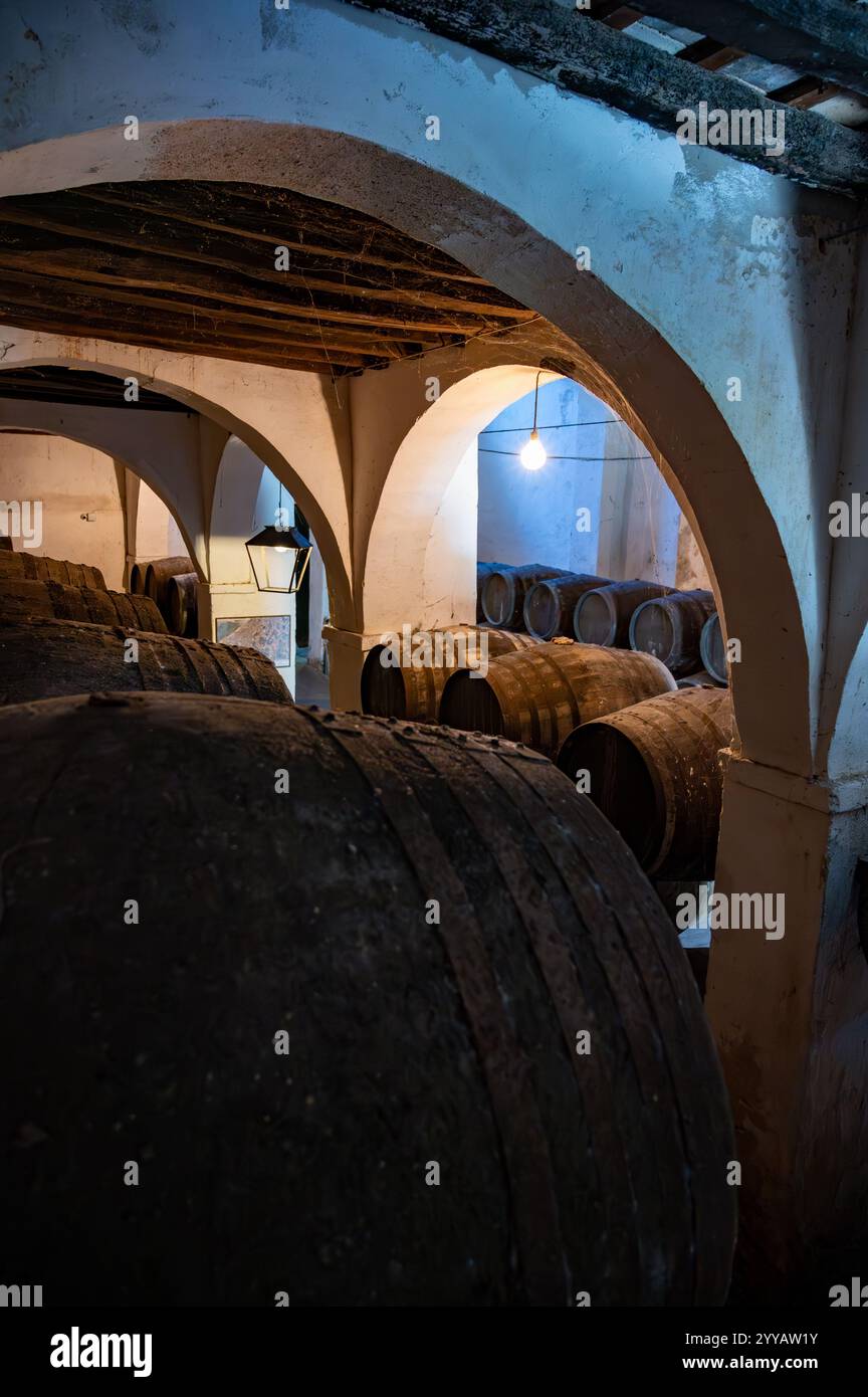 Solera systems in old Andalusian wine cellar, process for aging sherry ...