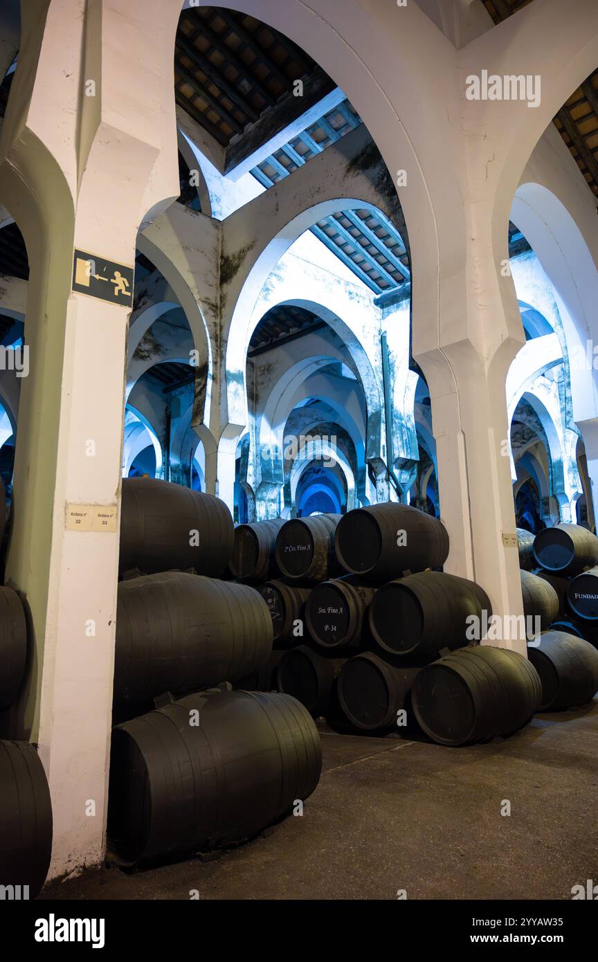 Solera system in old bodega, Andalusian wine cellar, process for aging ...