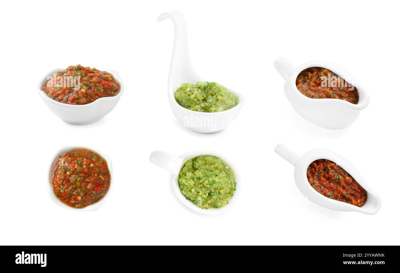 Delicious salsa sauce isolated on white, collage. Top and side views ...