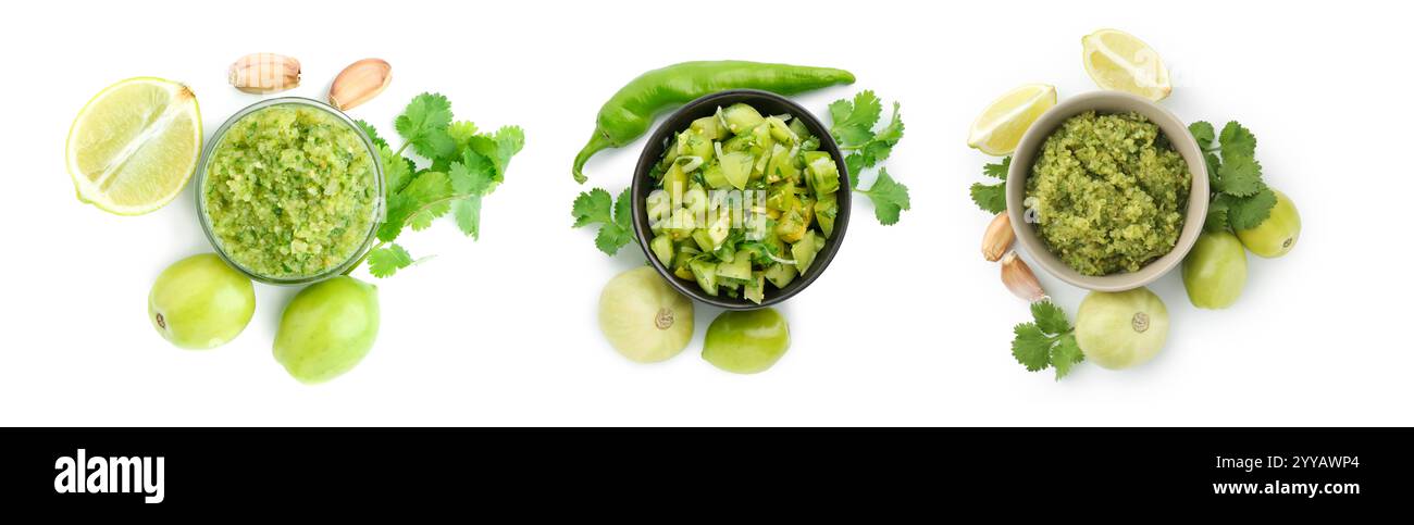Delicious salsa sauce in bowls isolated on white, set. Top view Stock ...