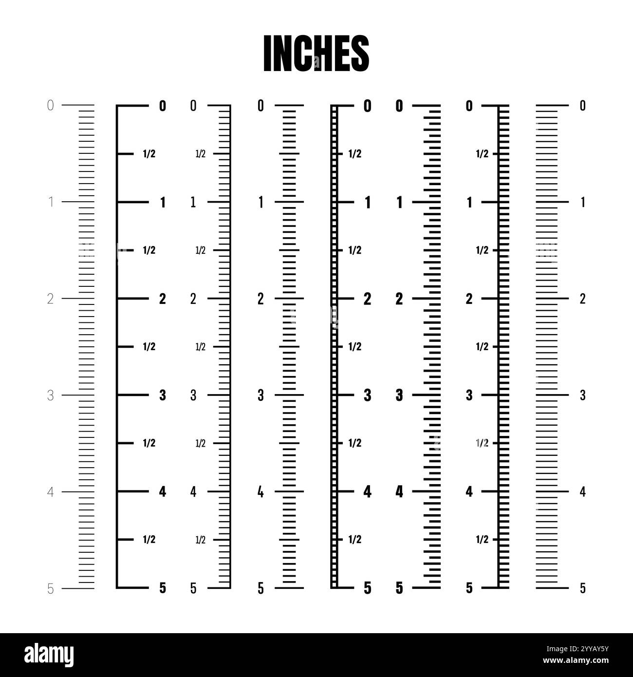 Vertical inch scale for measuring length or height. Various measurement ...