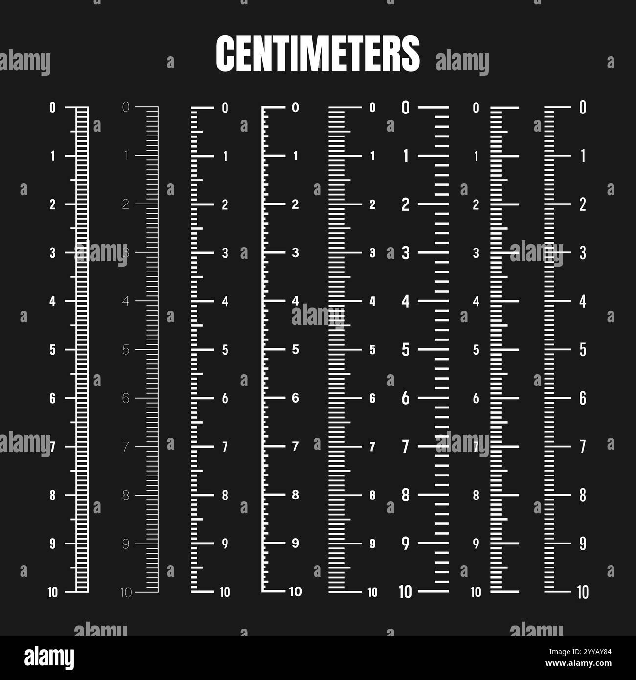 Vertical centimeter scale for measuring length or height. Various ...