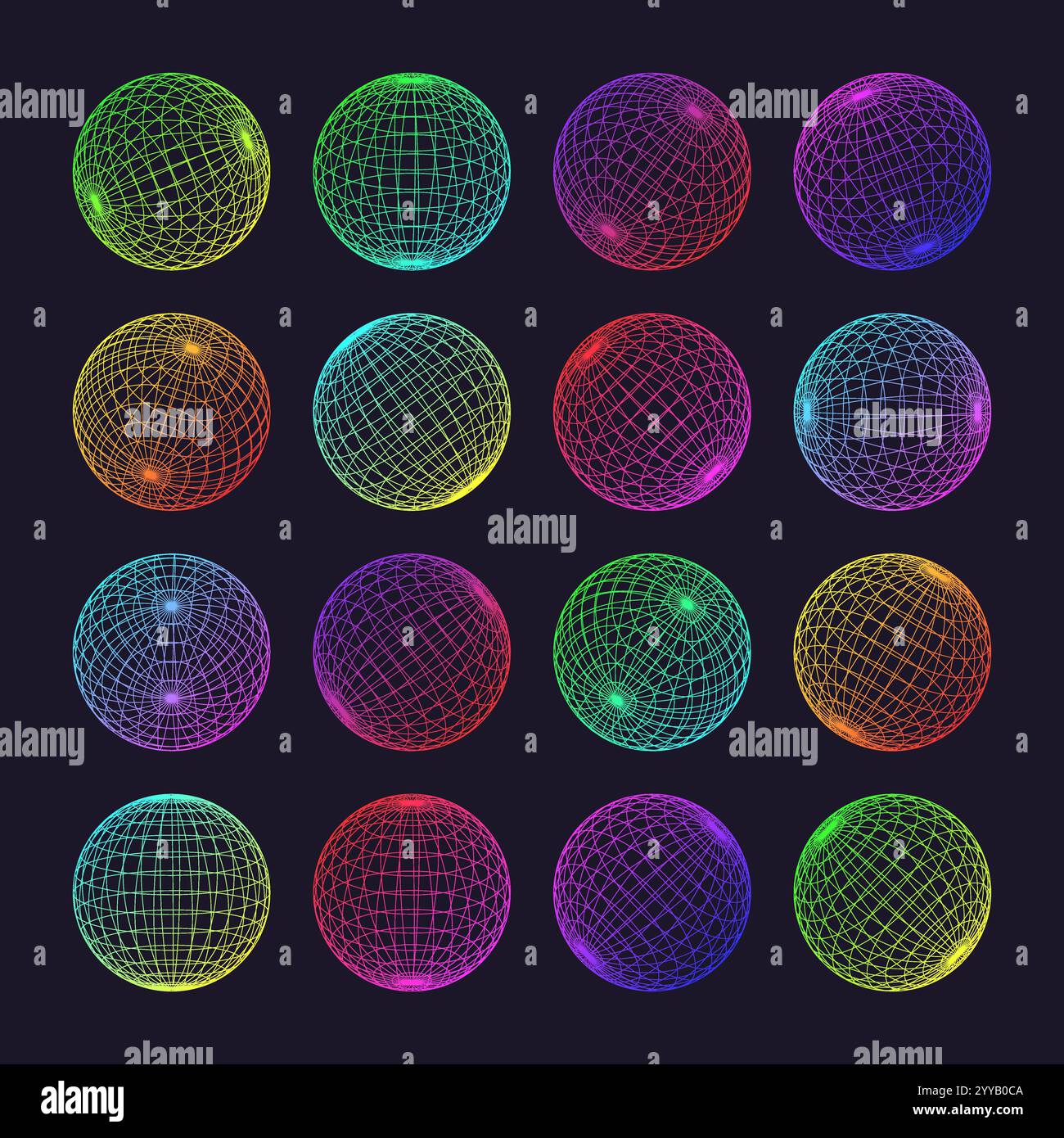 Neon wireframe shapes, lined sphere. Perspective mesh, 3d grid. Low ...