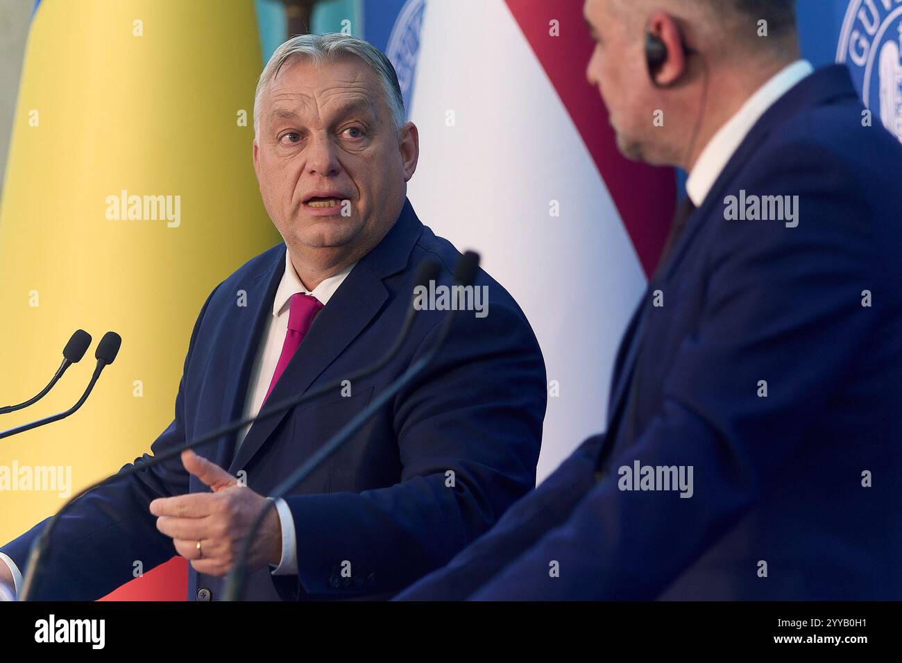 Bucharest, Romania. 20th Dec, 2024: Viktor Orban (L), prime minister of ...