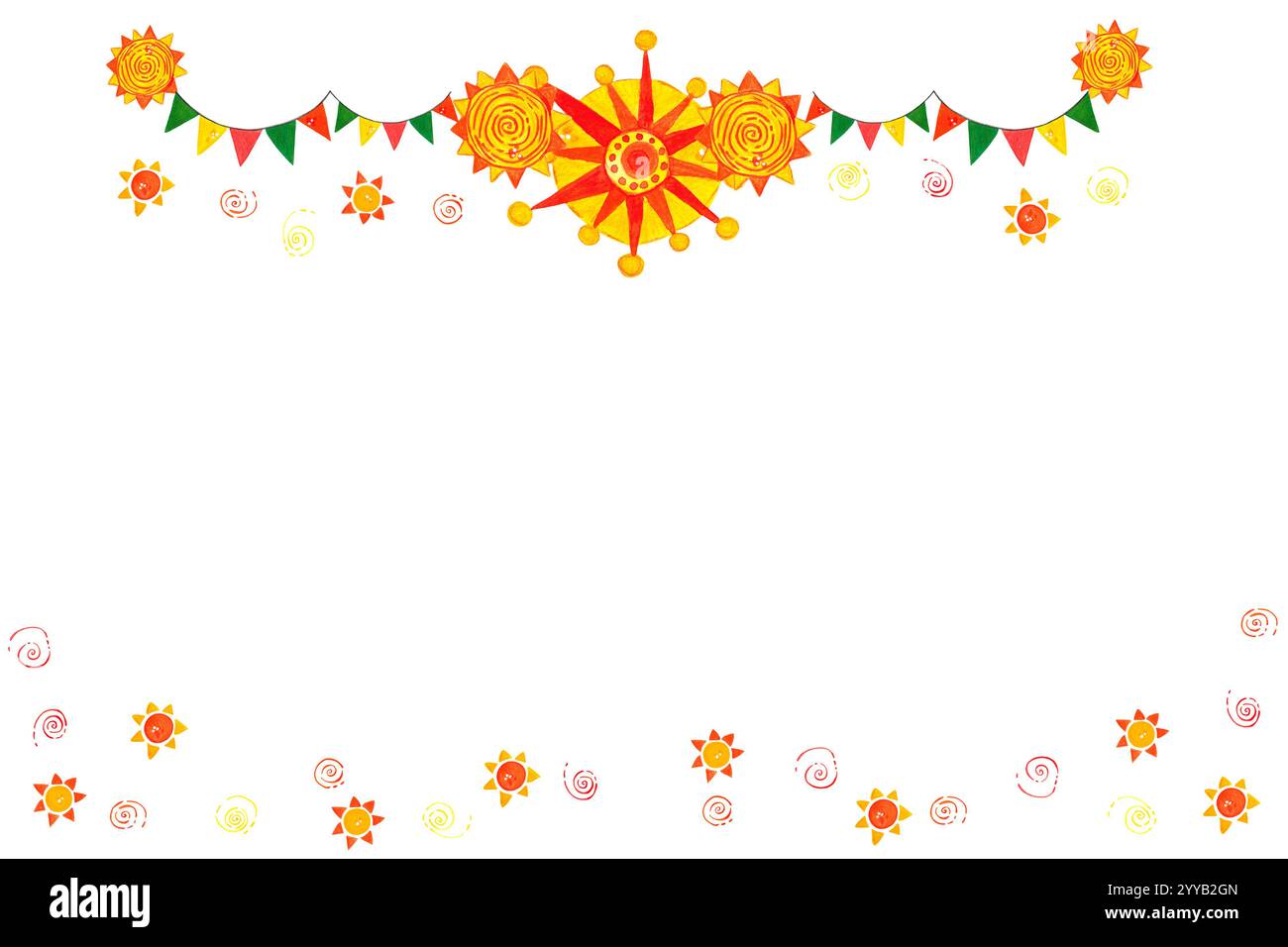 Horizontal holiday frame made of flags, garlands, suns, banner for text ...