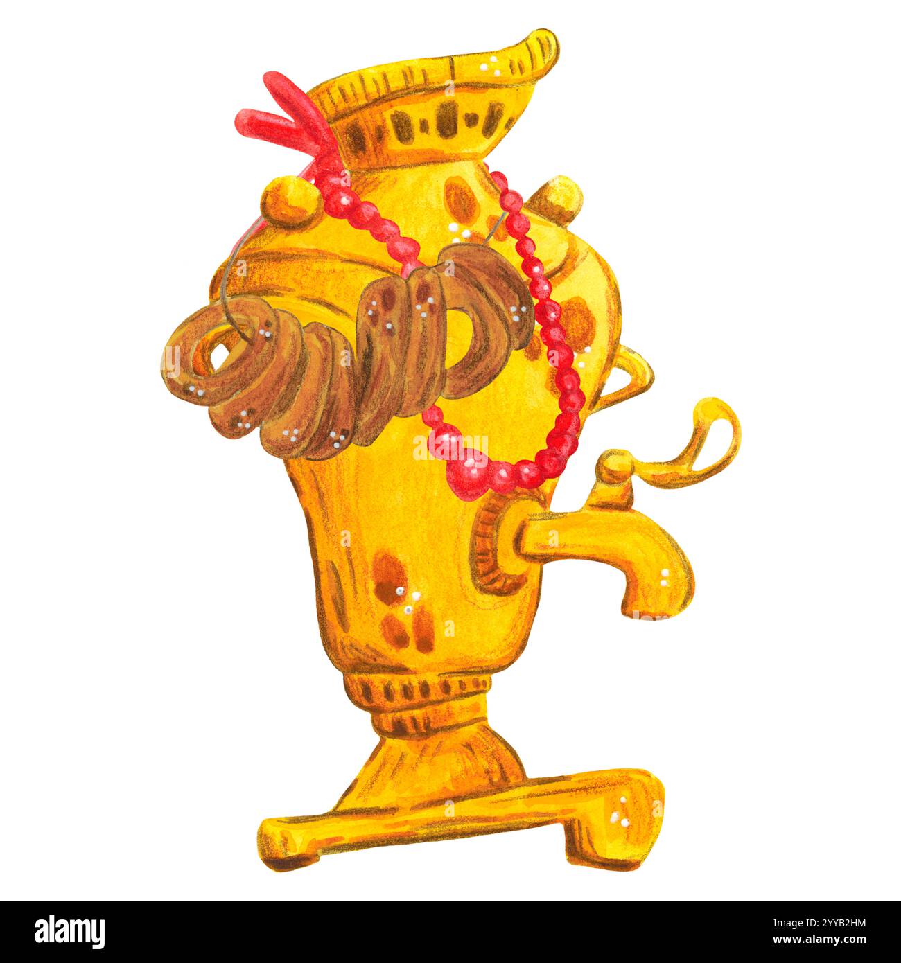 Watercolor illustration of a samovar with beads and bagels. The ...