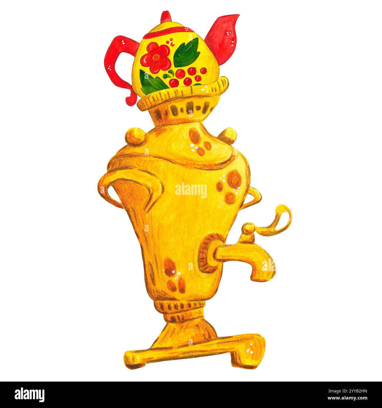Watercolor illustration of a samovar with a teapot on it. The ...