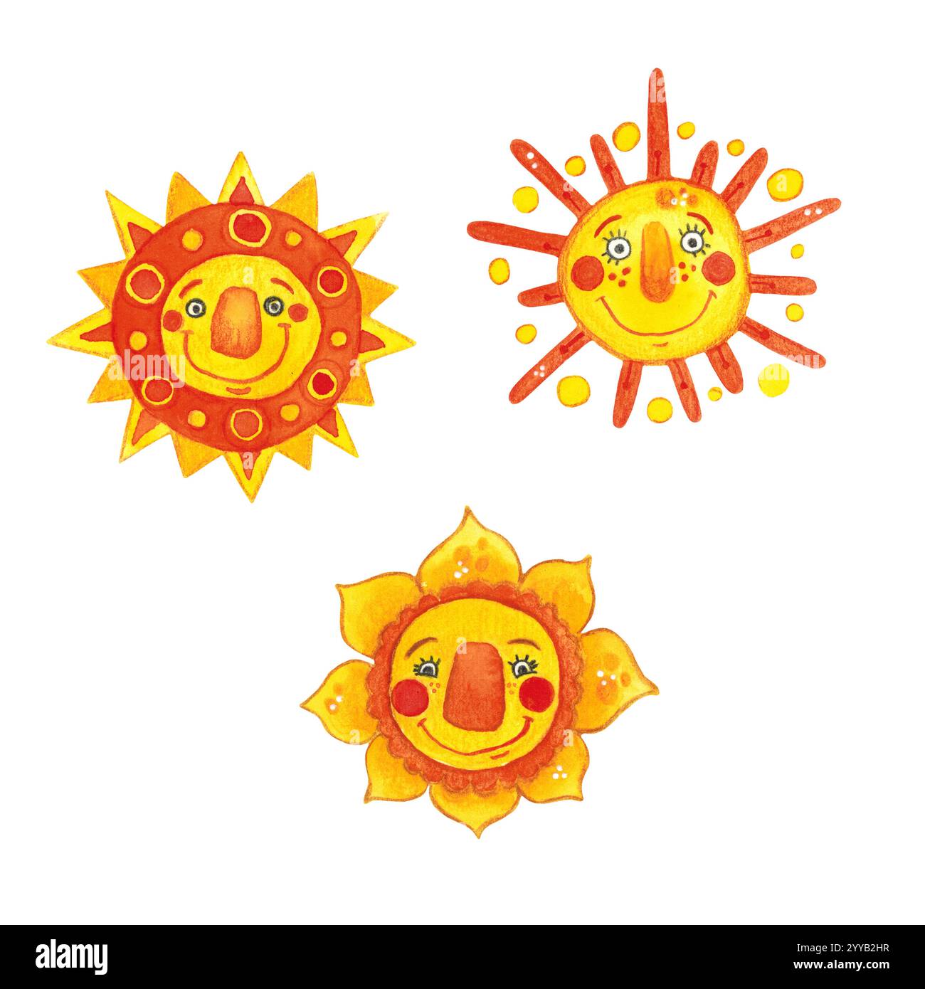 A set of three cheerful suns with faces for the Maslenitsa holiday on a ...