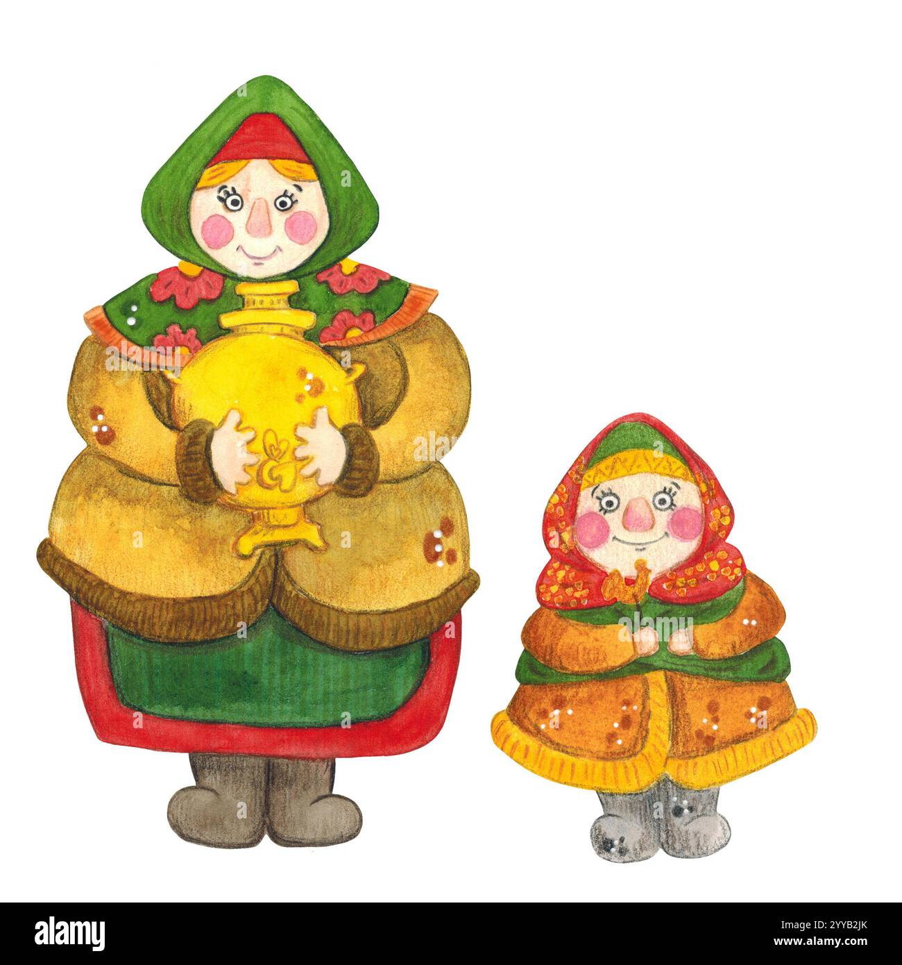 Set for the Maslenitsa holiday, a woman with a samovar and a child ...
