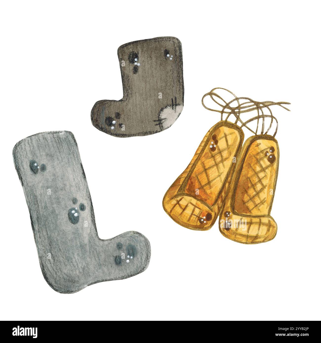 Traditional Slavic shoes, felt boots, bast shoes. Watercolor ...