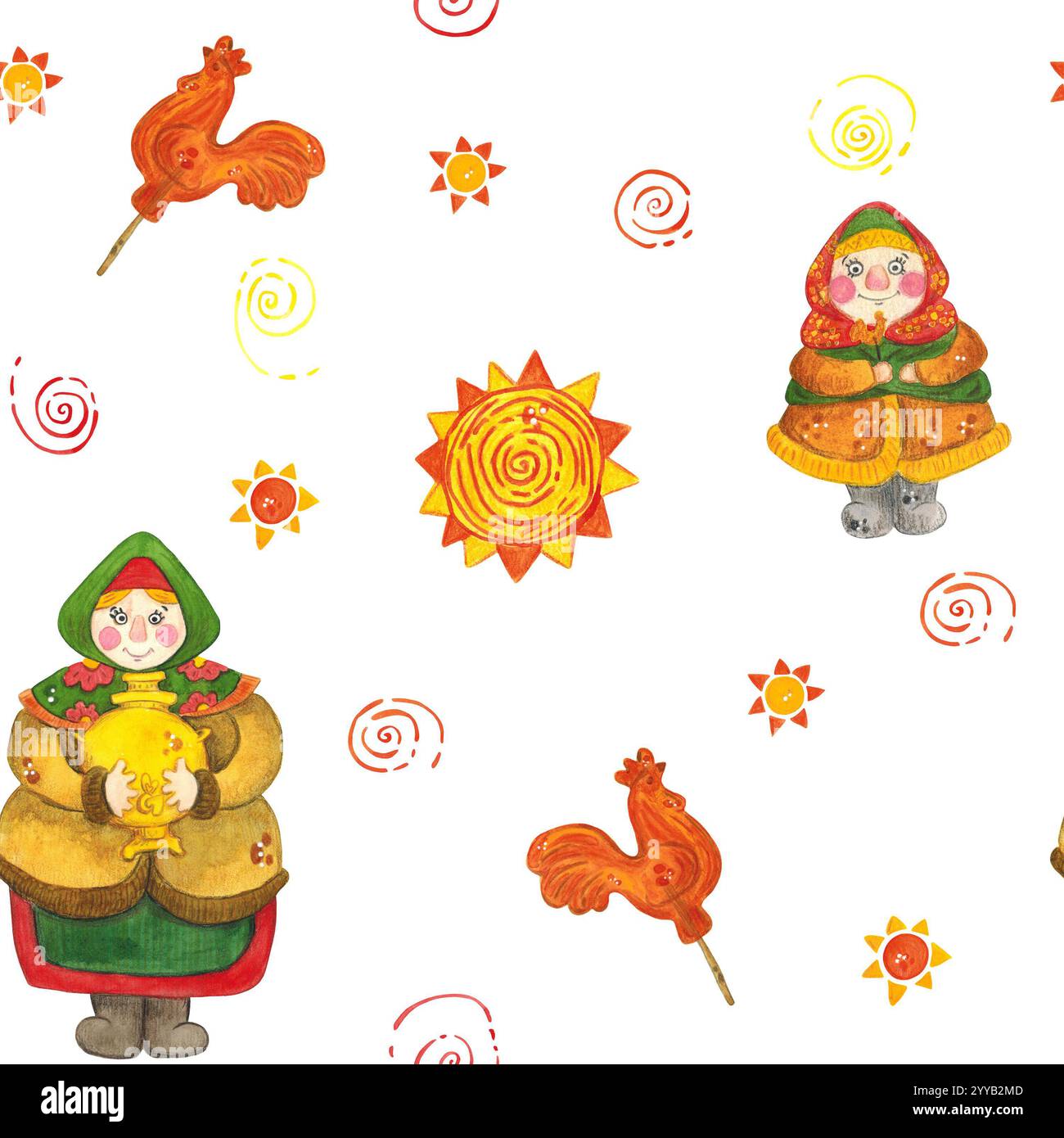 Watercolor pattern for the Maslenitsa holiday consisting of the sun, a ...