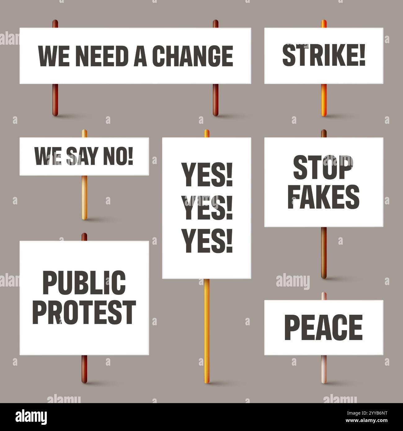 Blank white protest signs with text slogans on wooden holder. Various ...