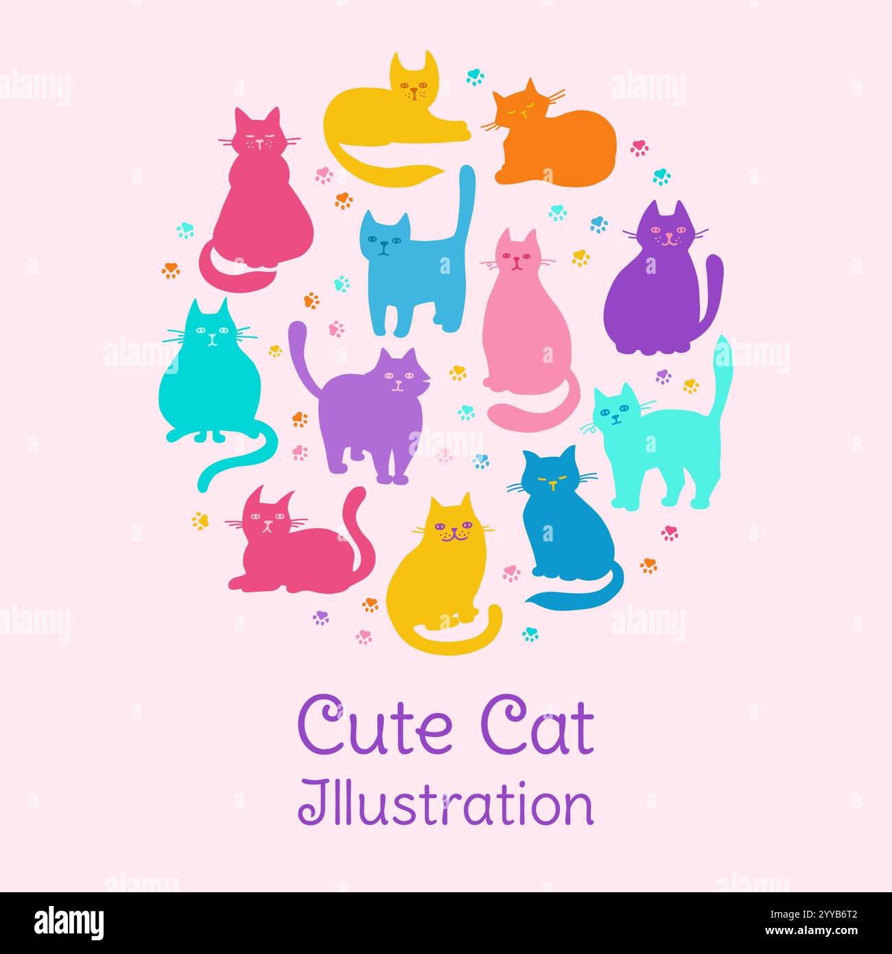 Cute kitten childish colorful poster. Cats silhouette hand drawn set ...