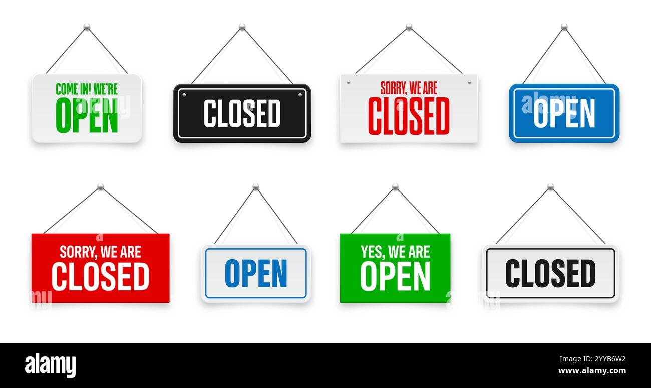 Realistic open or closed hanging signboards. Vintage door sign for cafe ...