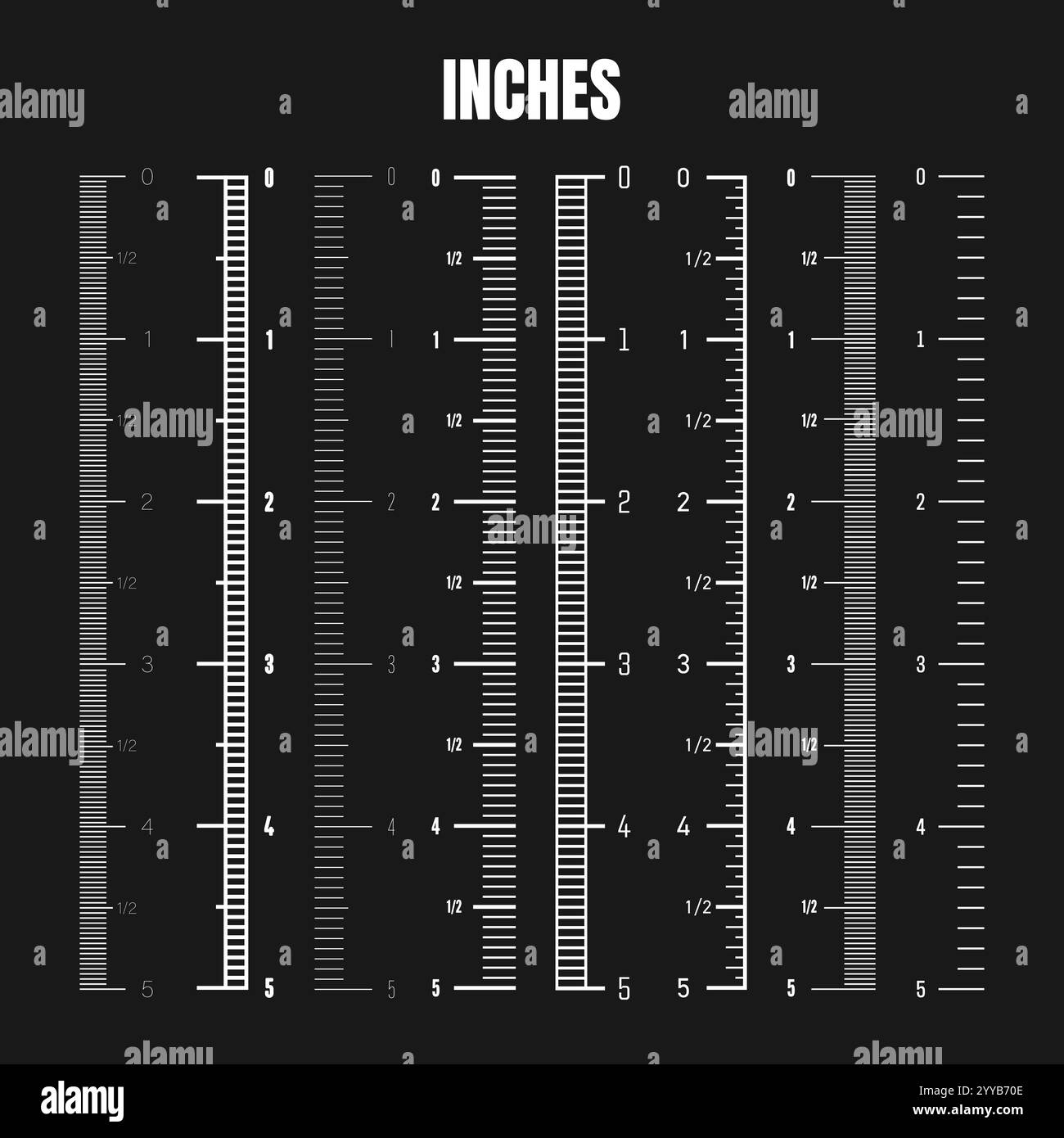 Vertical inch scale for measuring length or height. Various measurement ...