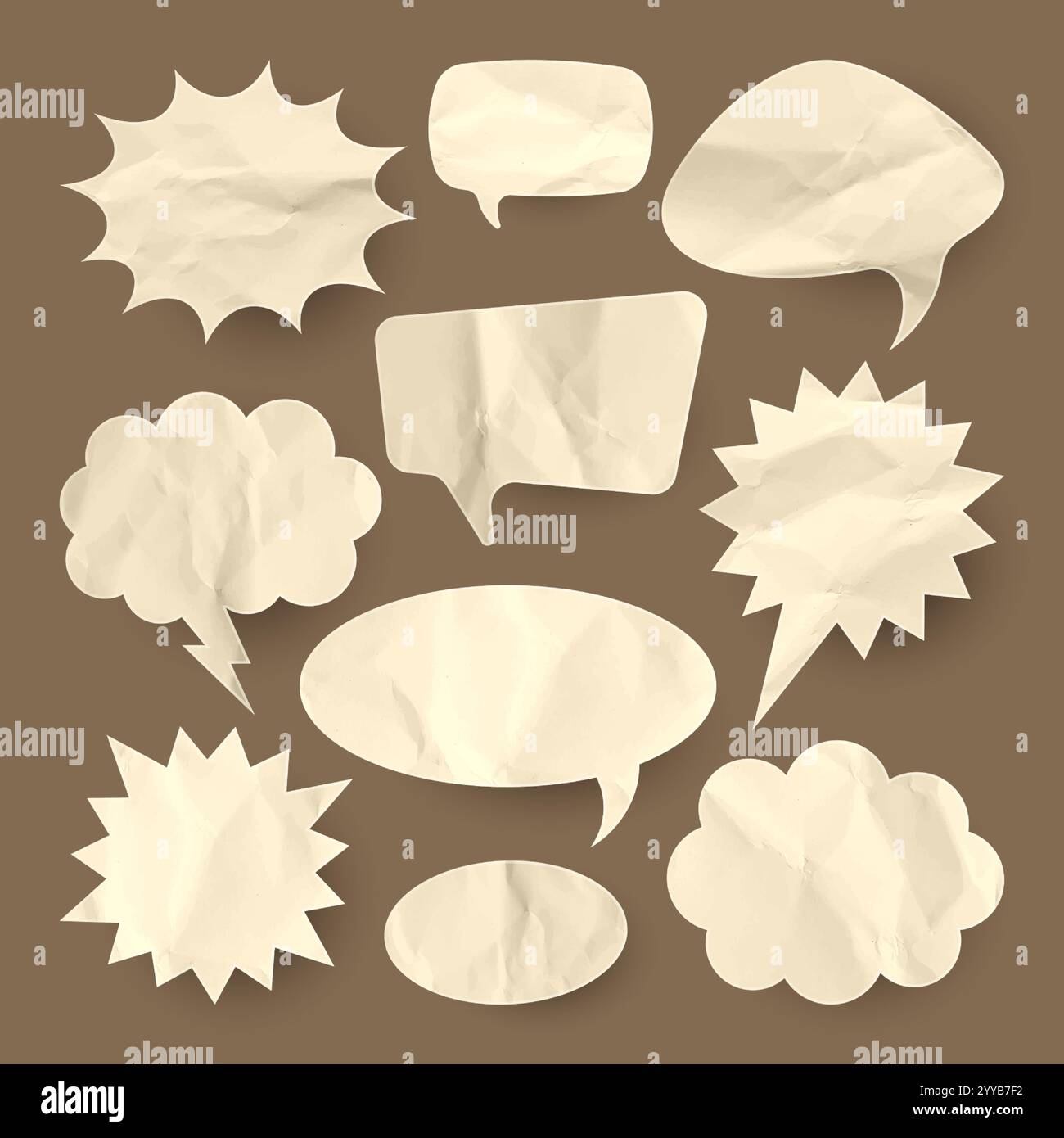 Crumpled brown paper comic speech bubbles. Hand drawn retro cartoon ...