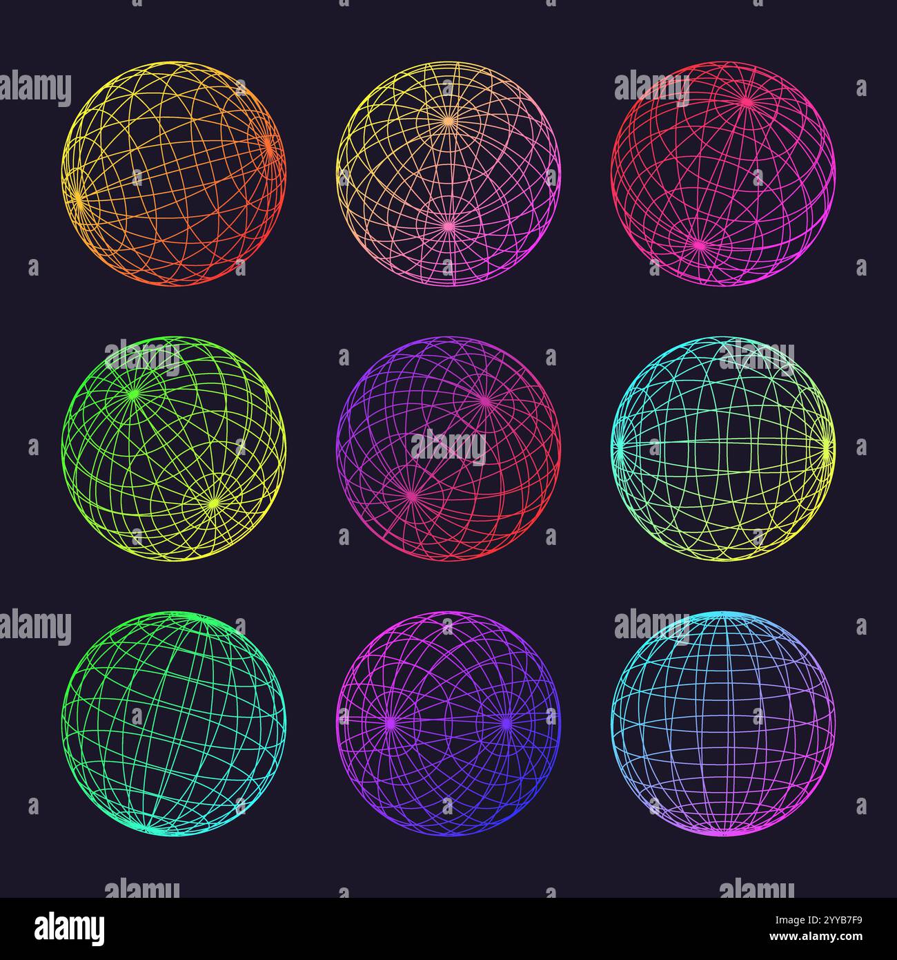 Neon wireframe shapes, lined sphere. Perspective mesh, 3d grid. Low ...