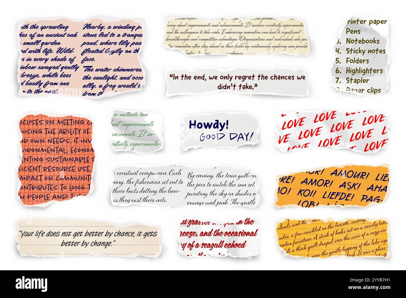 Ripped paper strips with handwritten text. Realistic crumpled paper ...