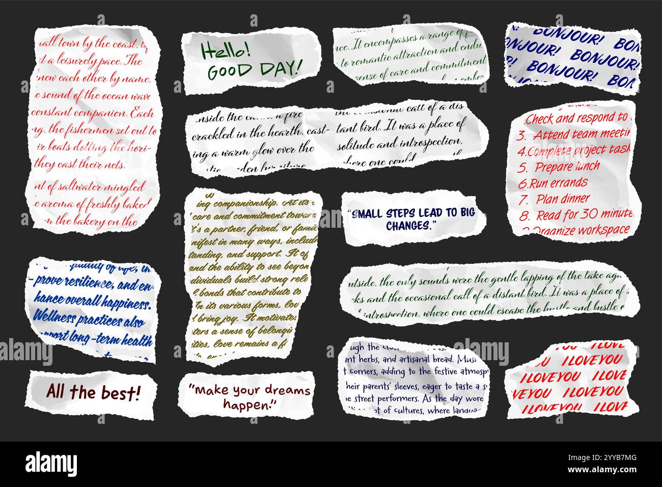 Ripped paper strips with handwritten text. Realistic crumpled paper ...