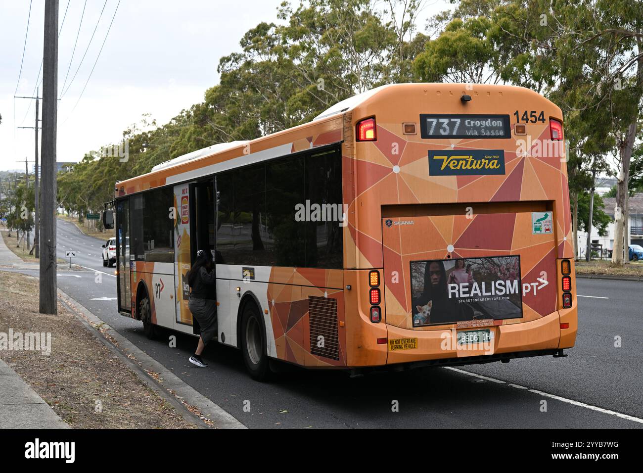 Rear view of a Ventura operated bus on Route 737 stopping on Wellington ...