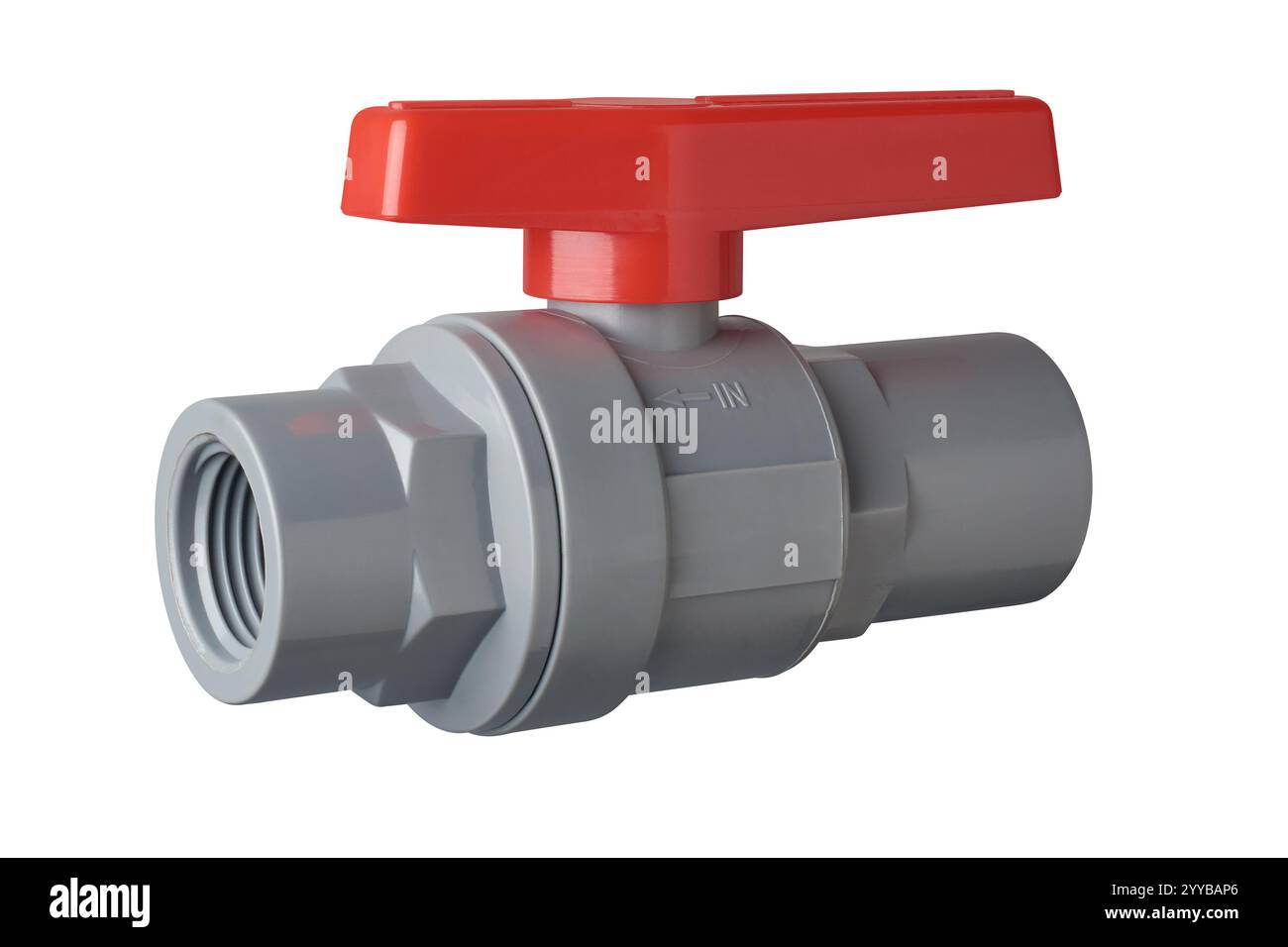 gray pvc ball valve with red handle on top for turning and threaded ...