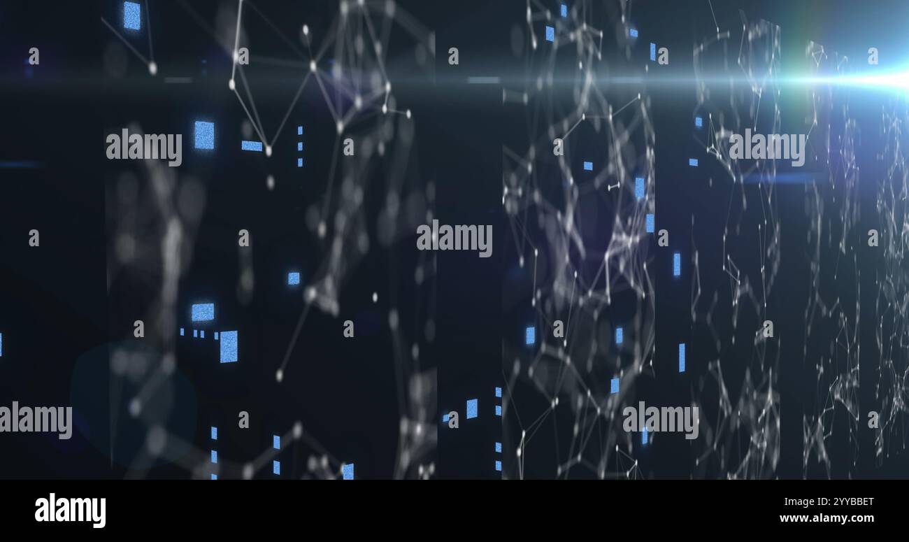 Image of data processing and networks of connections over black background. Global artificial ...