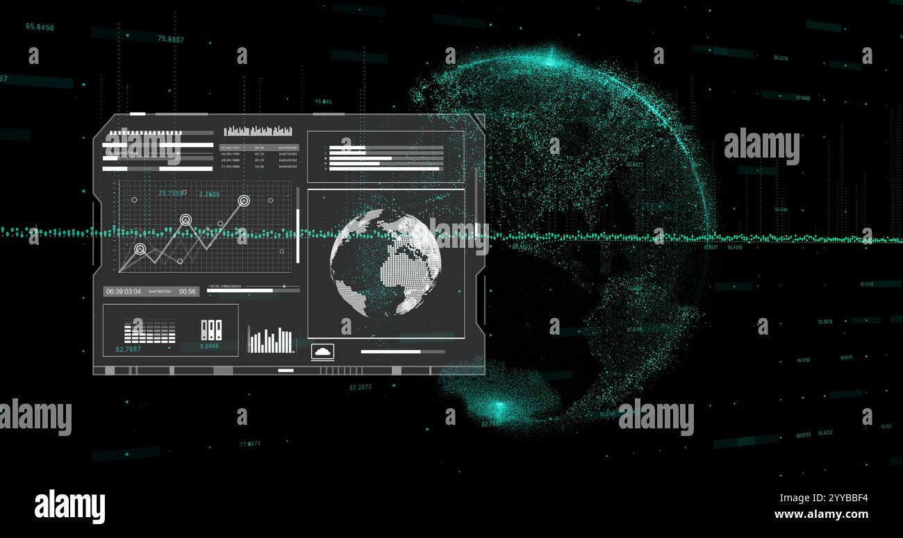 Image of screen and data processing over globe on black background. Global artificial ...