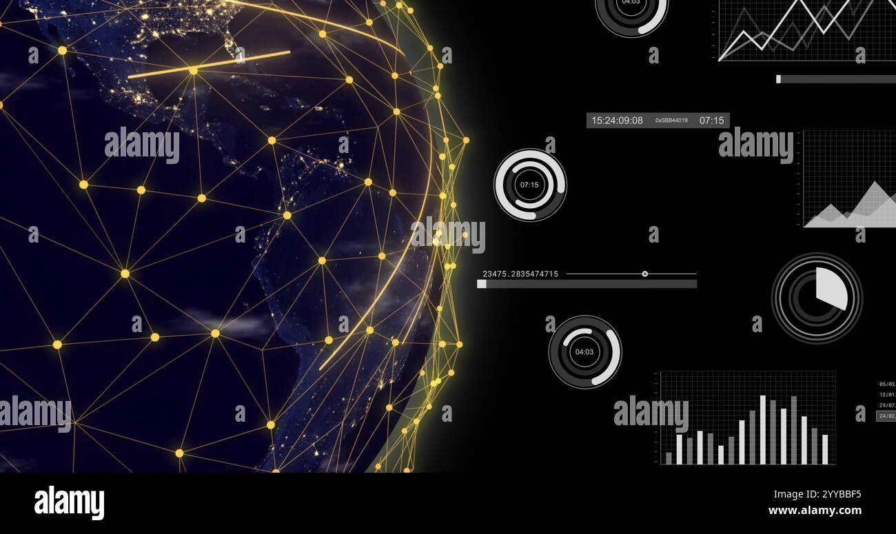Image of icons and data processing over globe on black background. Global artificial ...