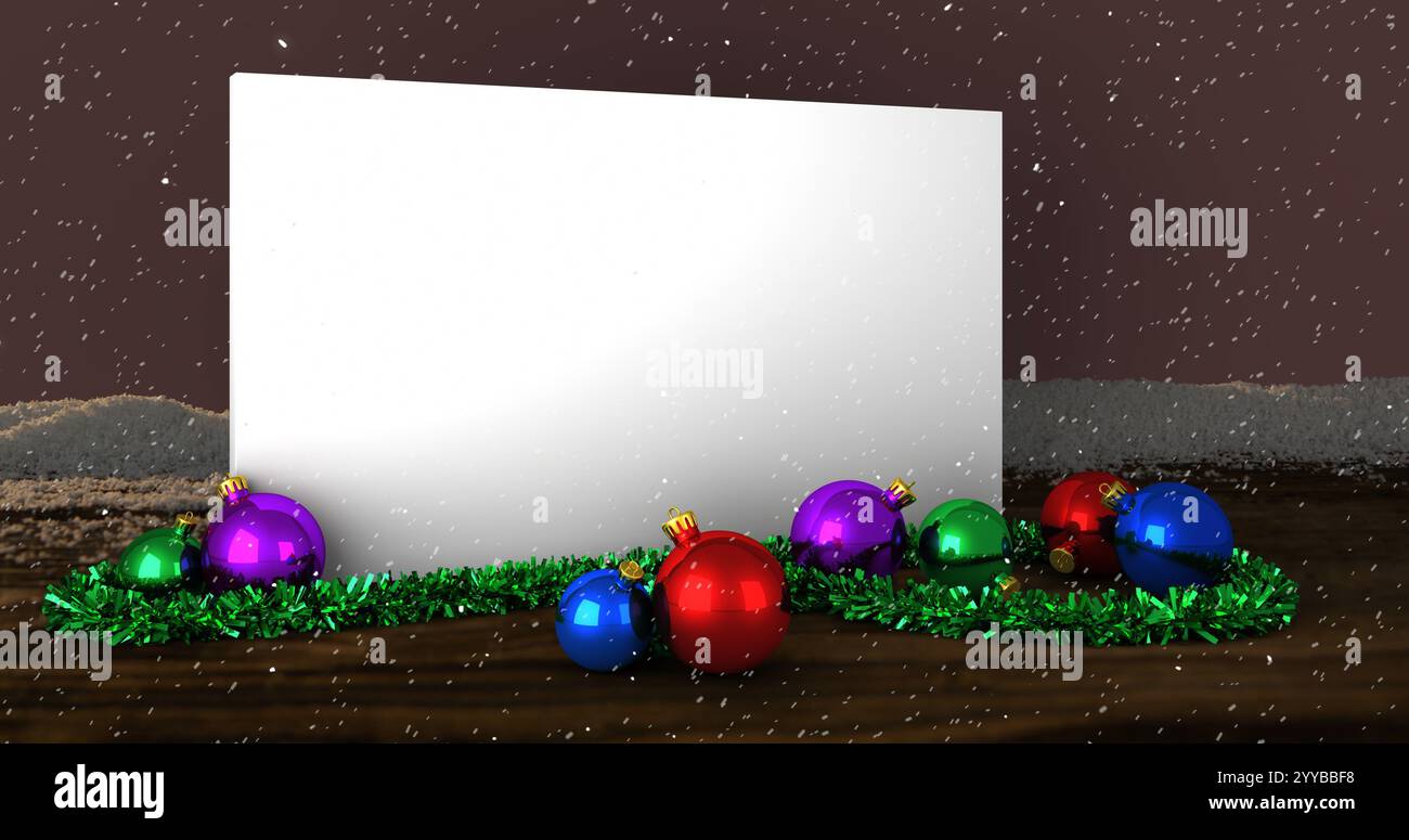 Image of snow falling over white card with copy space and christmas ...