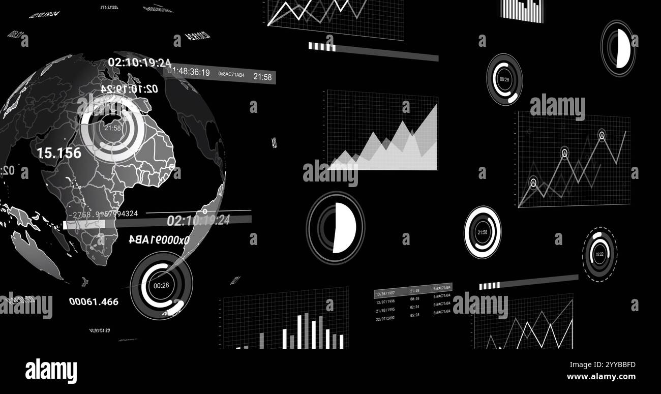 Image of icons and data processing over globe on black background. Global artificial ...