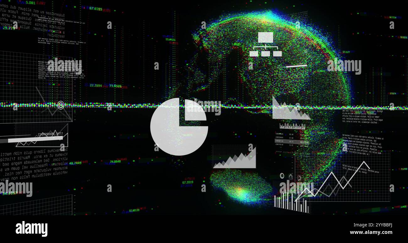 Image of statistics and data processing over globe on black background. Global artificial ...