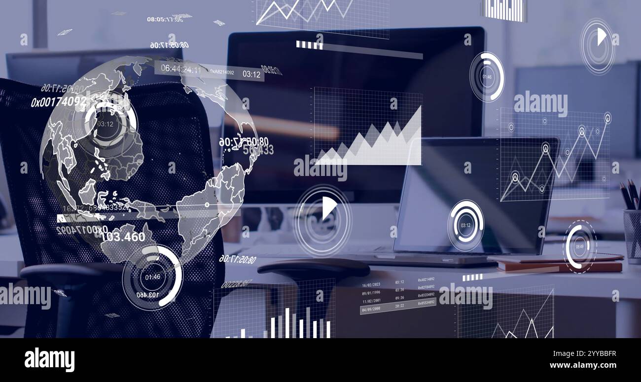 Image of data processing over electronic devices in office. Global ...