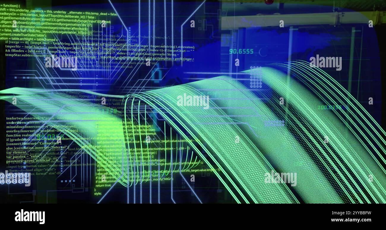 Image of data processing and circuit board connections over black ...