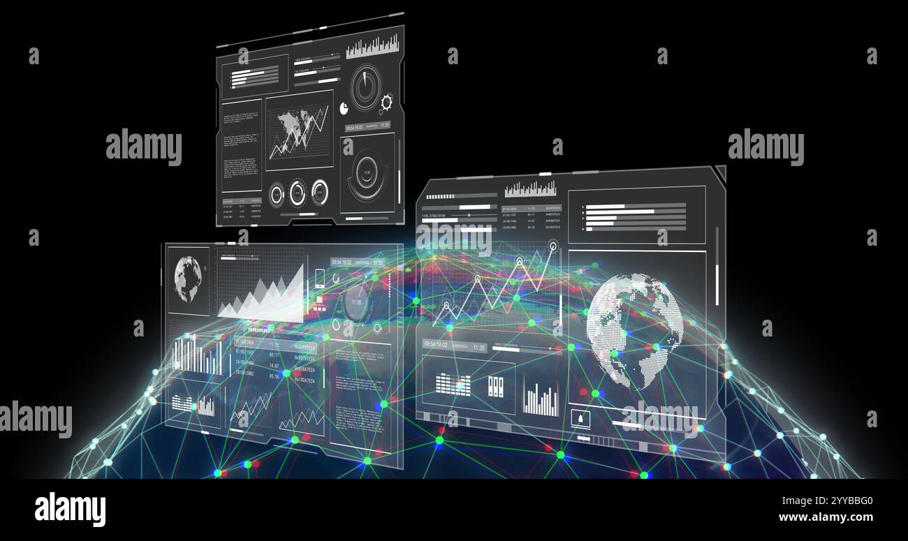 Image of screens and data processing over globe on black background ...