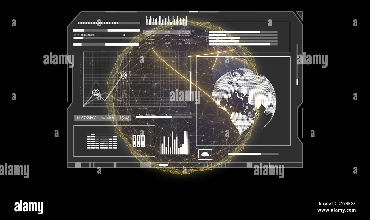 Image of screen and data processing over globe on black background. Global artificial ...