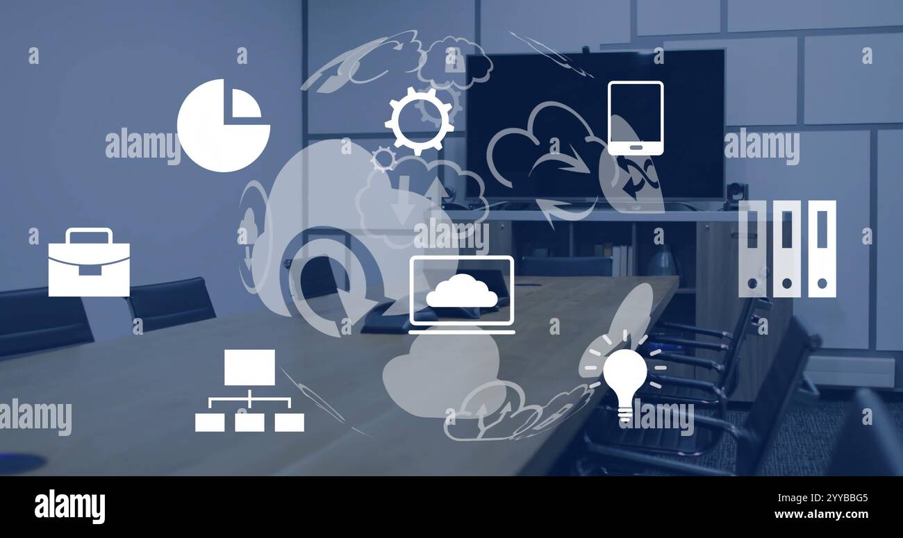 Image of globe with icons and data processing over desk in office ...