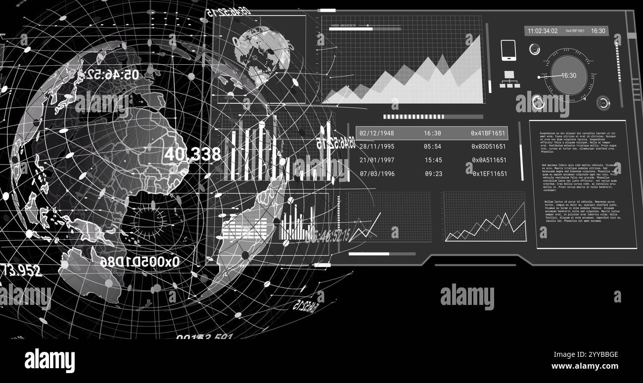 Image of screen and data processing over globe on black background. Global artificial ...