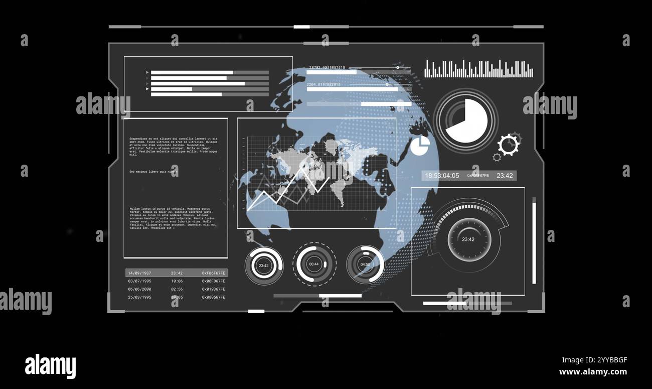 Image of screen with data processing over globe on black background ...