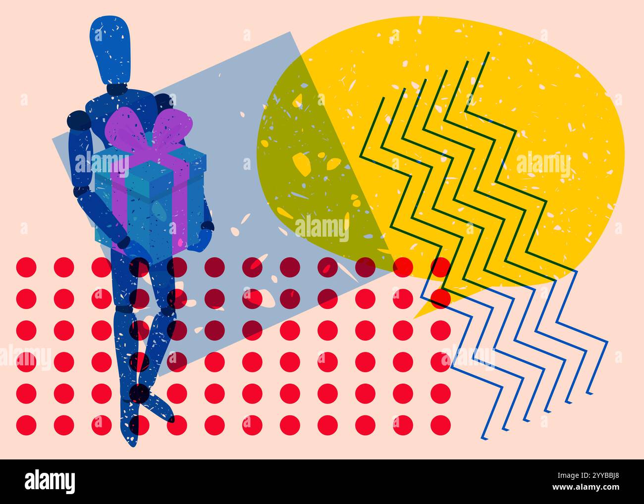 Risograph wooden puppet holding gift box with speech bubble with ...