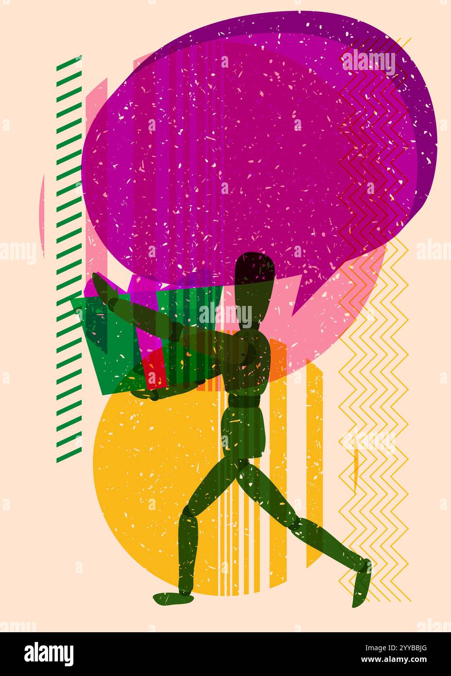 Risograph wooden puppet holding gift box with speech bubble with ...