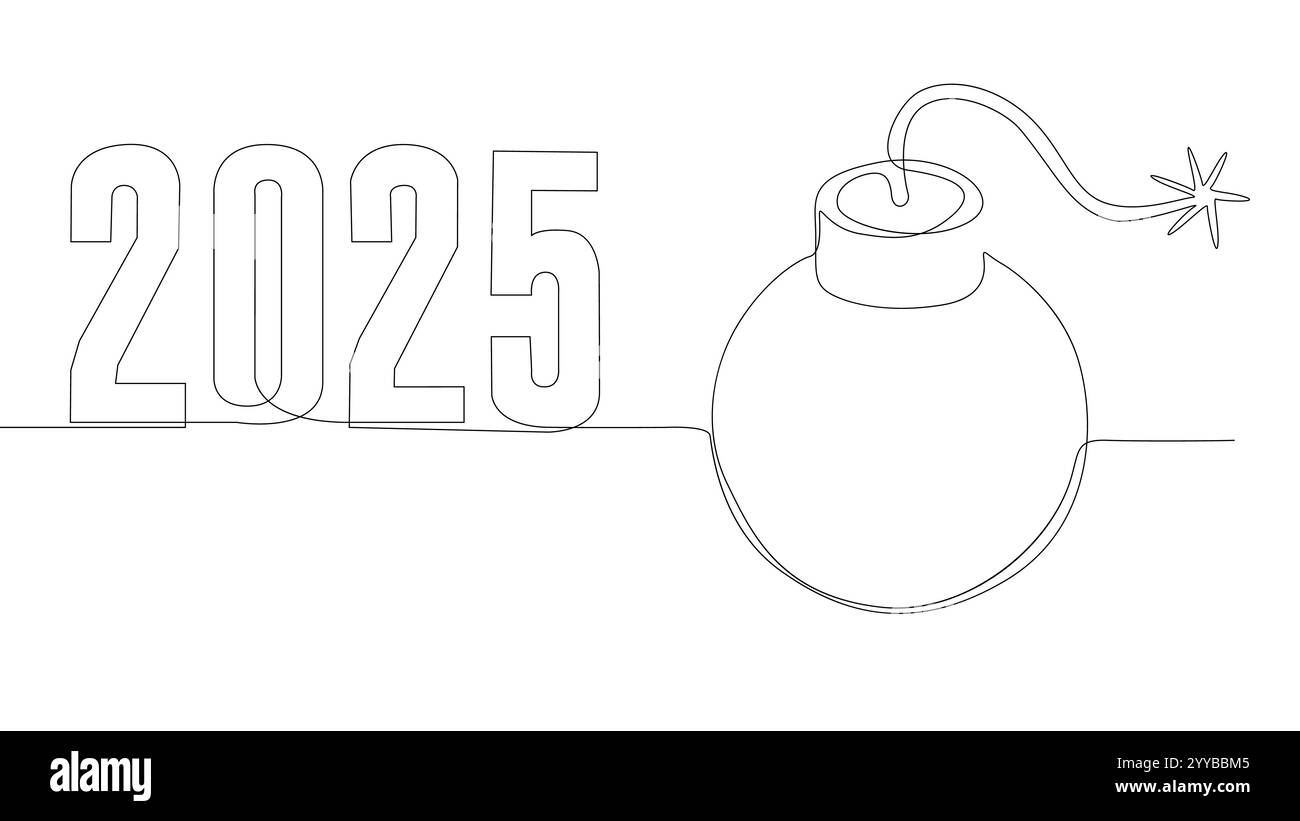 One continuous line of bomb with number 2025. Thin Line Illustration ...