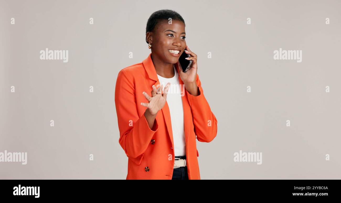 Business, woman and smile with phone call on studio background for good ...