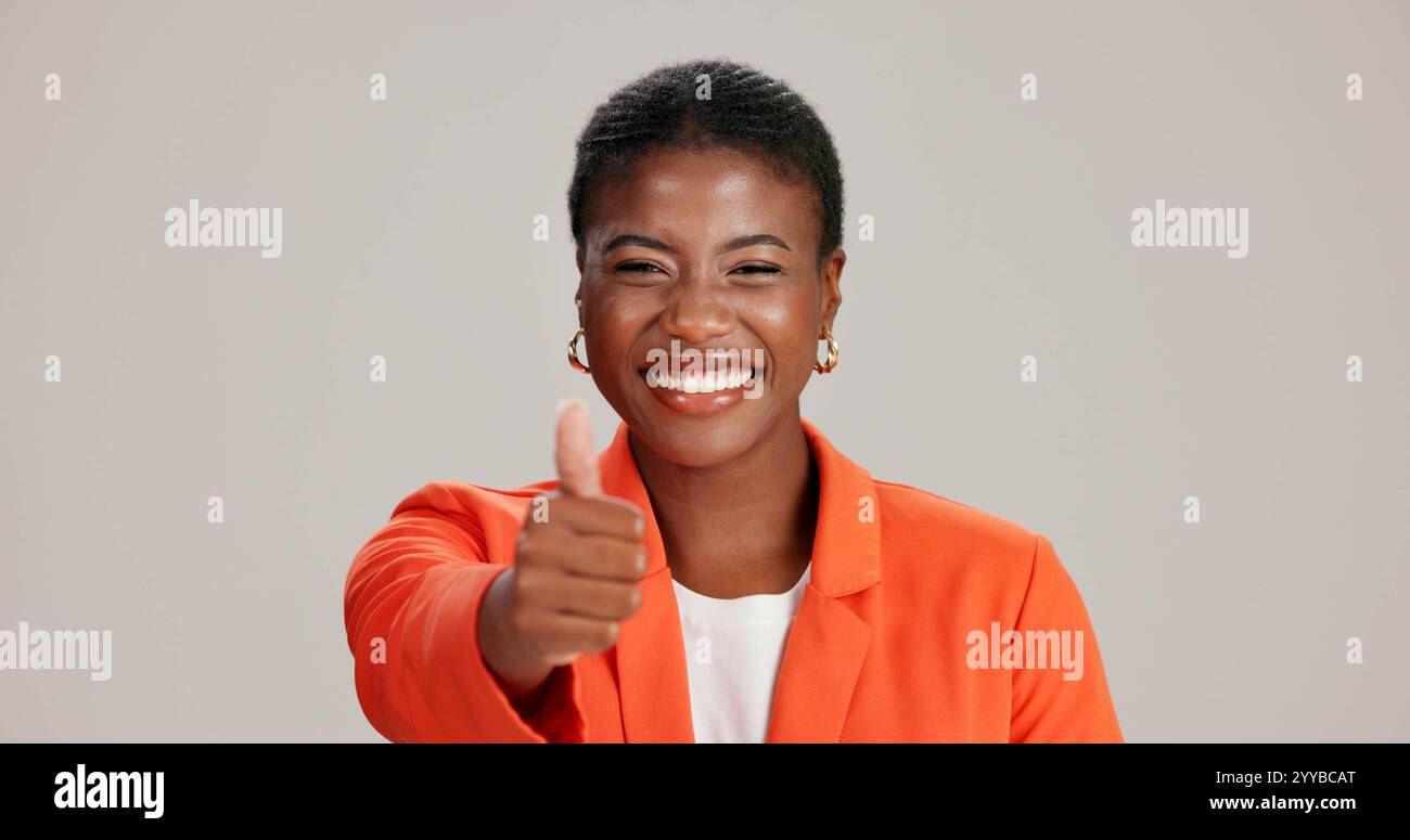 Studio, black woman and portrait with thumbs up for success, agreement ...