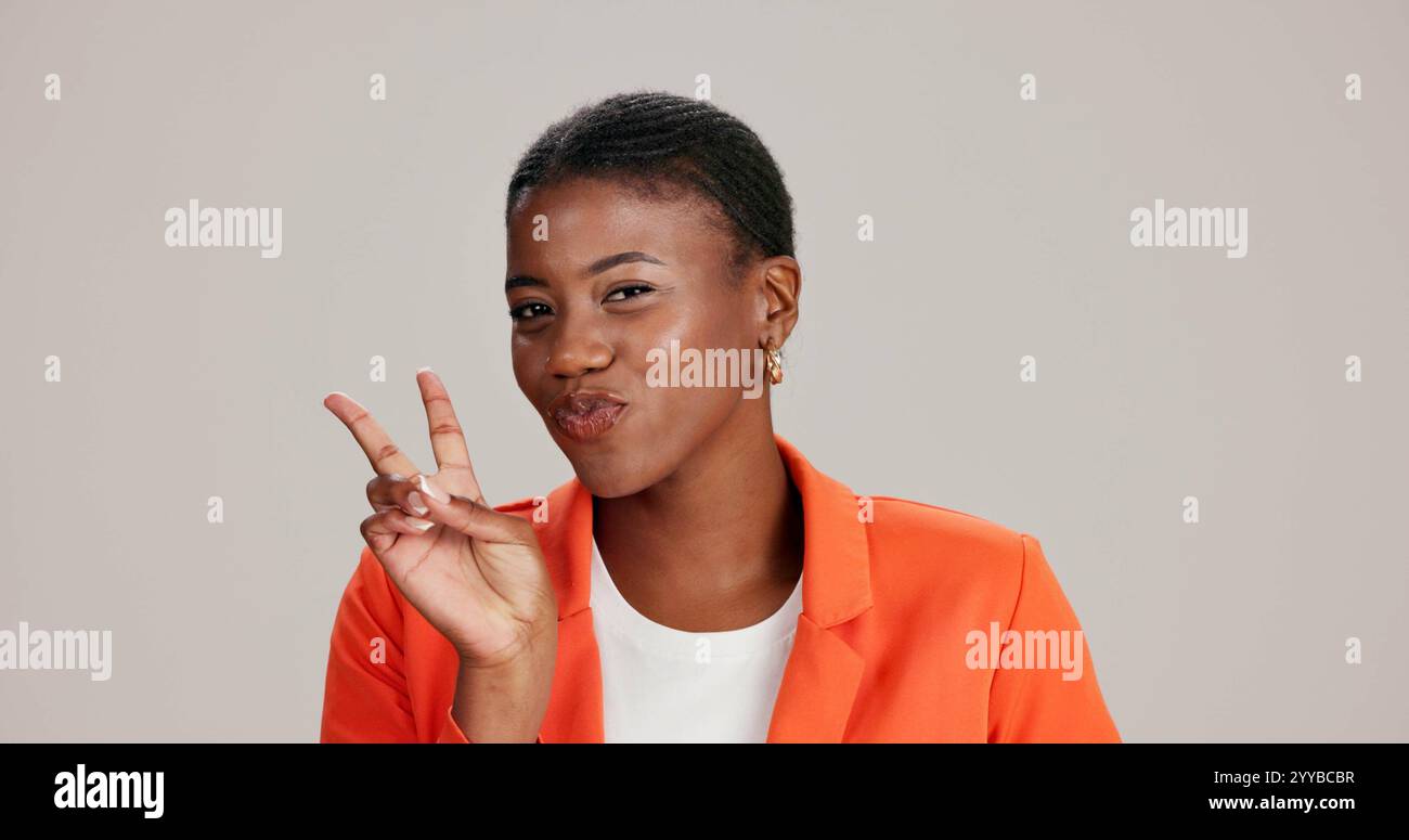 Black woman, business and peace sign in studio with portrait, smile and ...