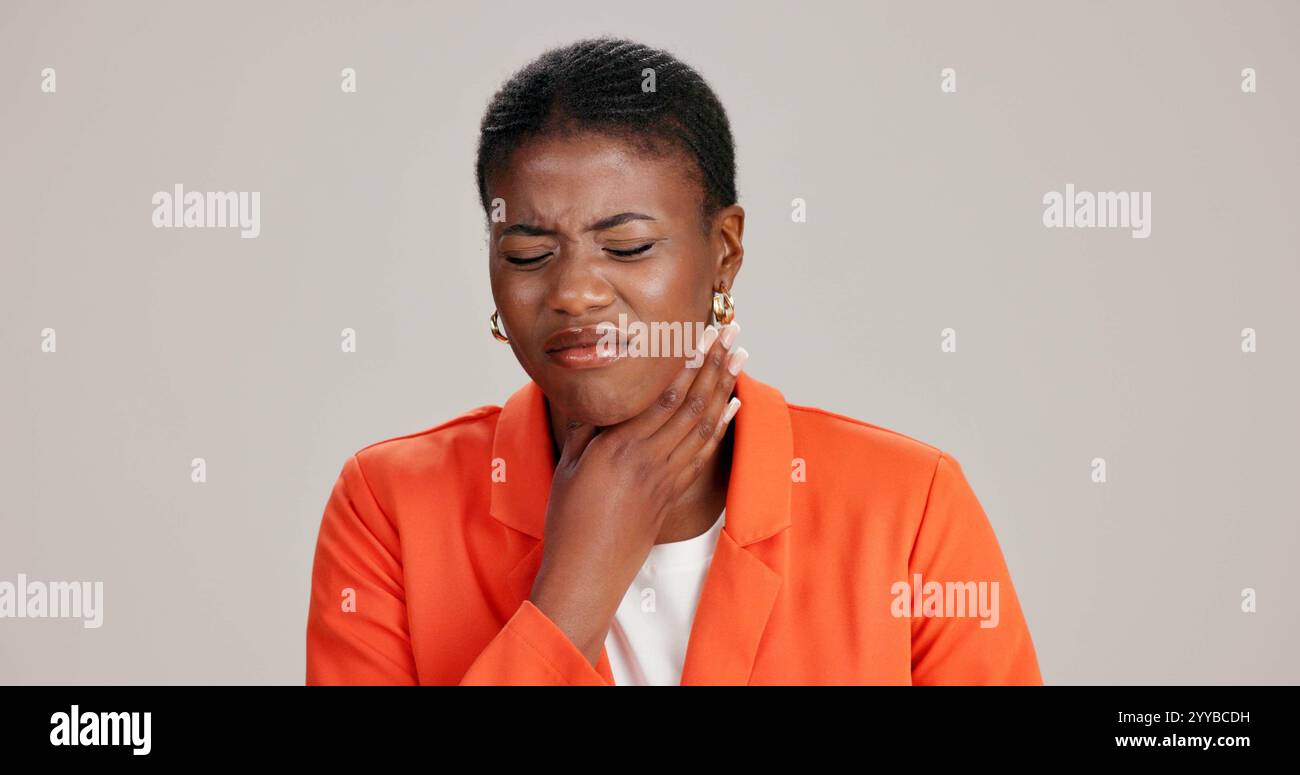 Virus, sick and black woman with pain, sore throat and swallow ...