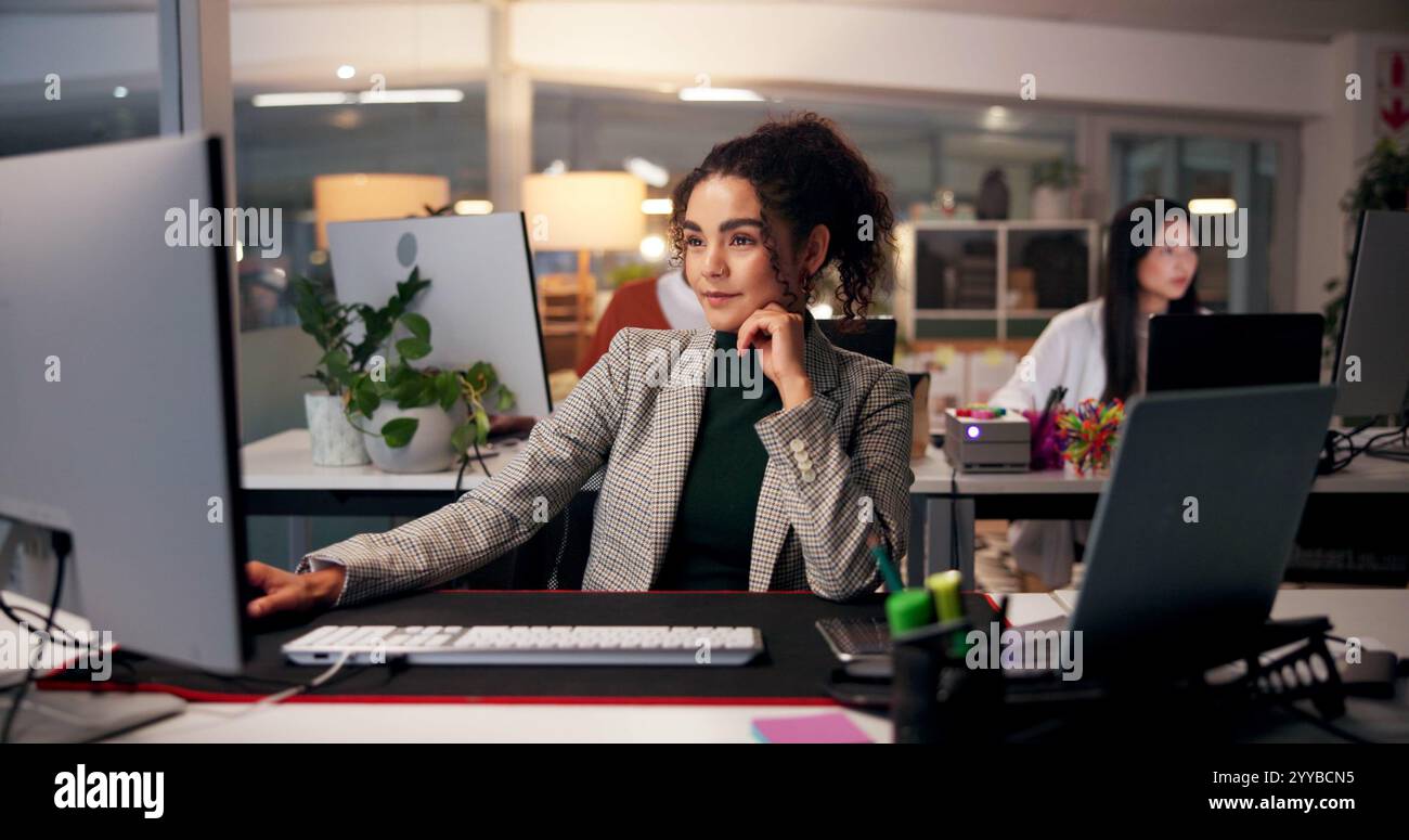 Research, reading and computer with business woman in office for ...